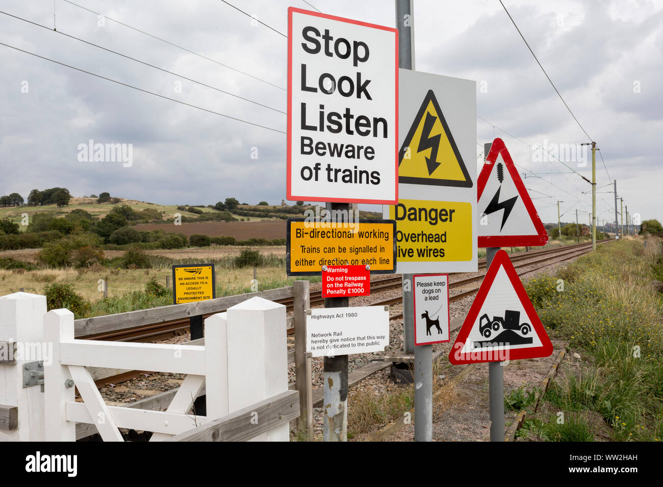 A landscape of a Network Rail railway crossing consisting of warning ...