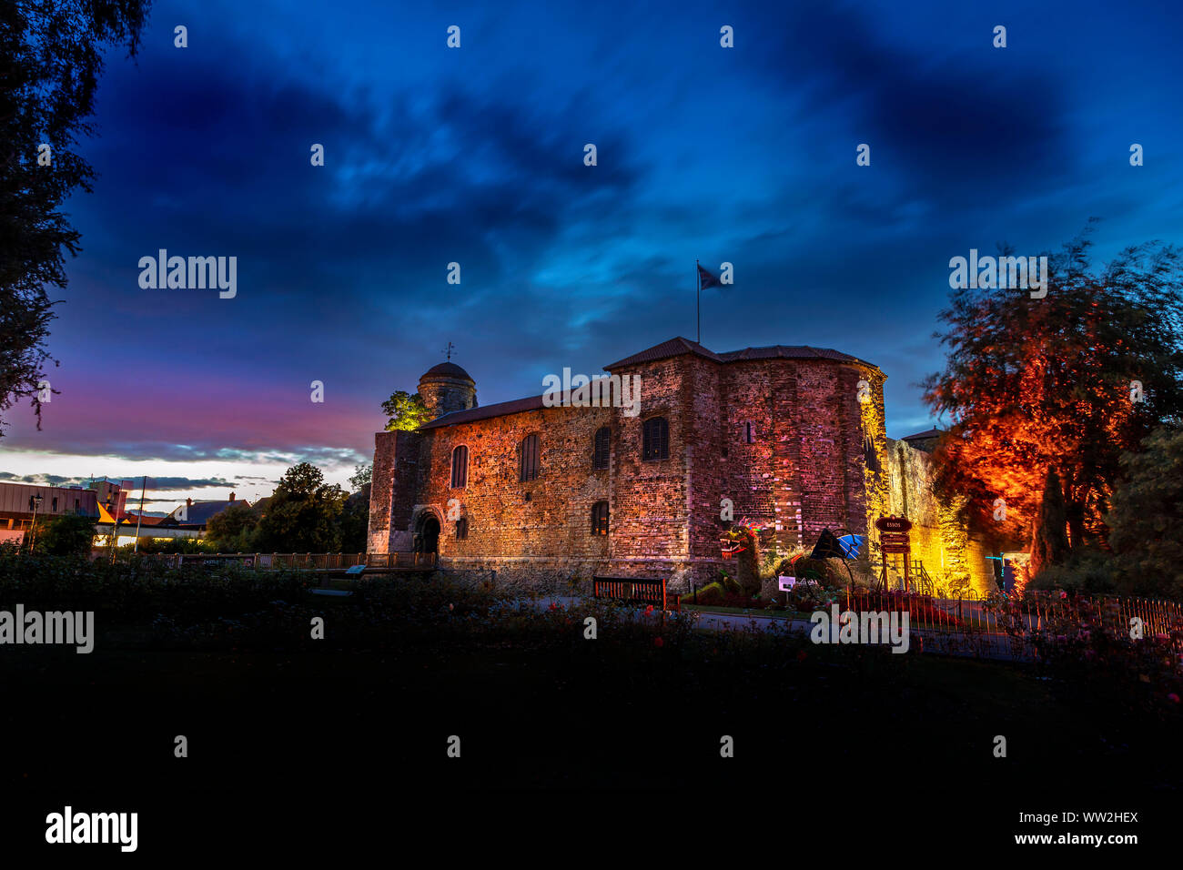 THE FRONT OF COLCHESTER CASTLE MUSEUM AT NIGHT Stock Photo - Alamy