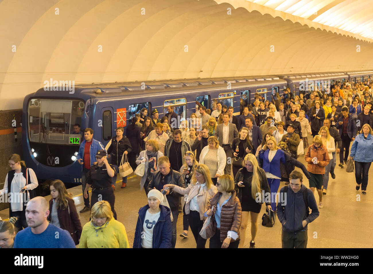 SAINT PETERSBURG, RUSSIA - JULY 11, 2019: Crowd of people by metro ...