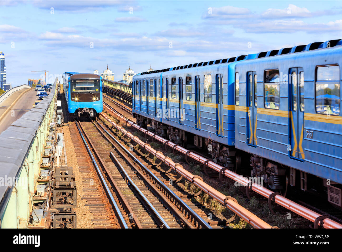 The railway line from the metro bridge in Kyiv, along which two trains ...