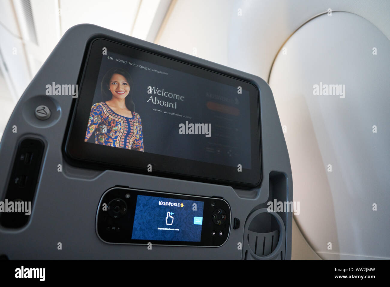 HONG KONG - CIRCA APRIL, 2019: seat back screen in economy class on ...