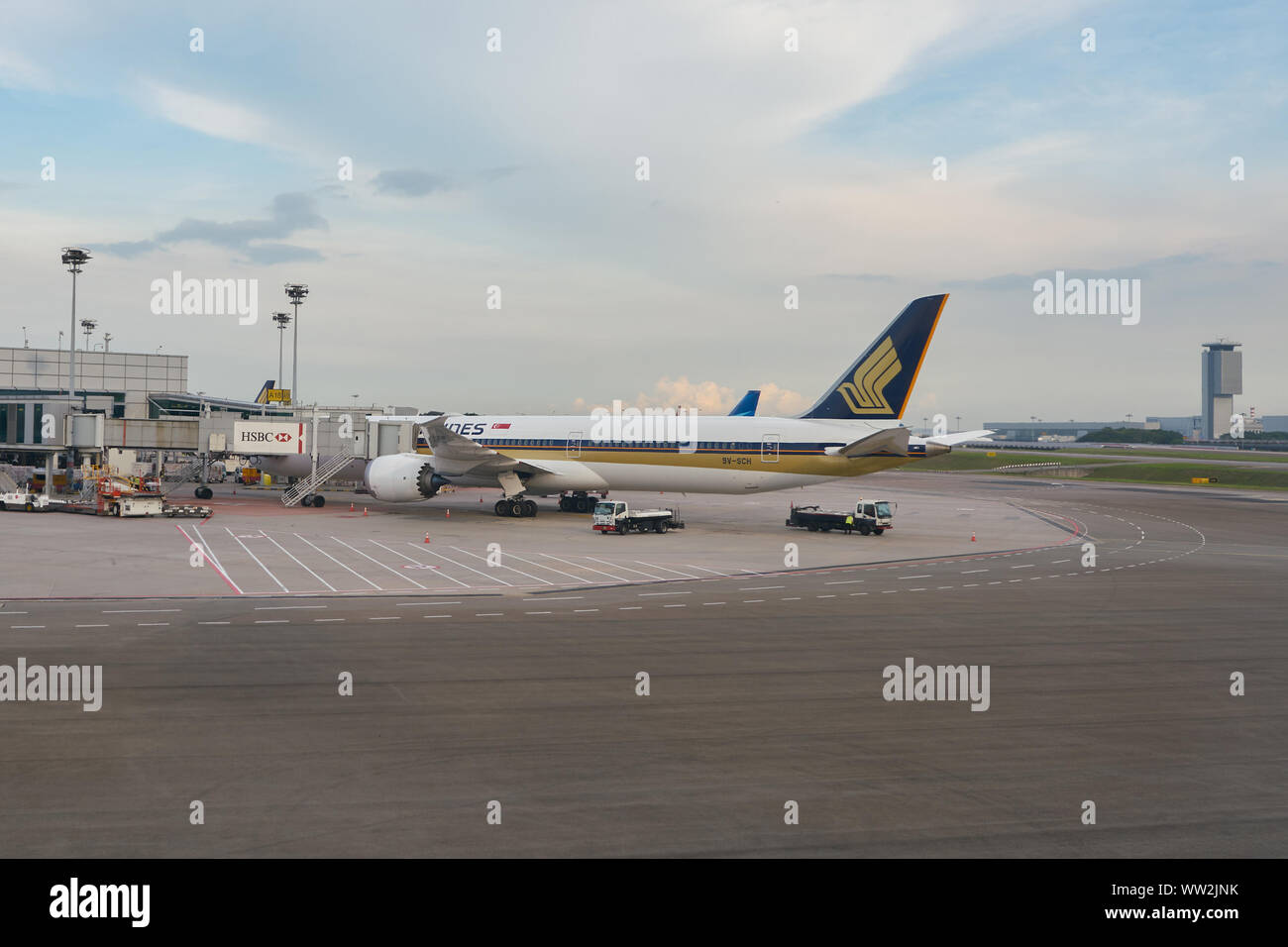 SINGAPORE - CIRCA APRIL, 2019: Boeing 787 on tarmac at Changi ...
