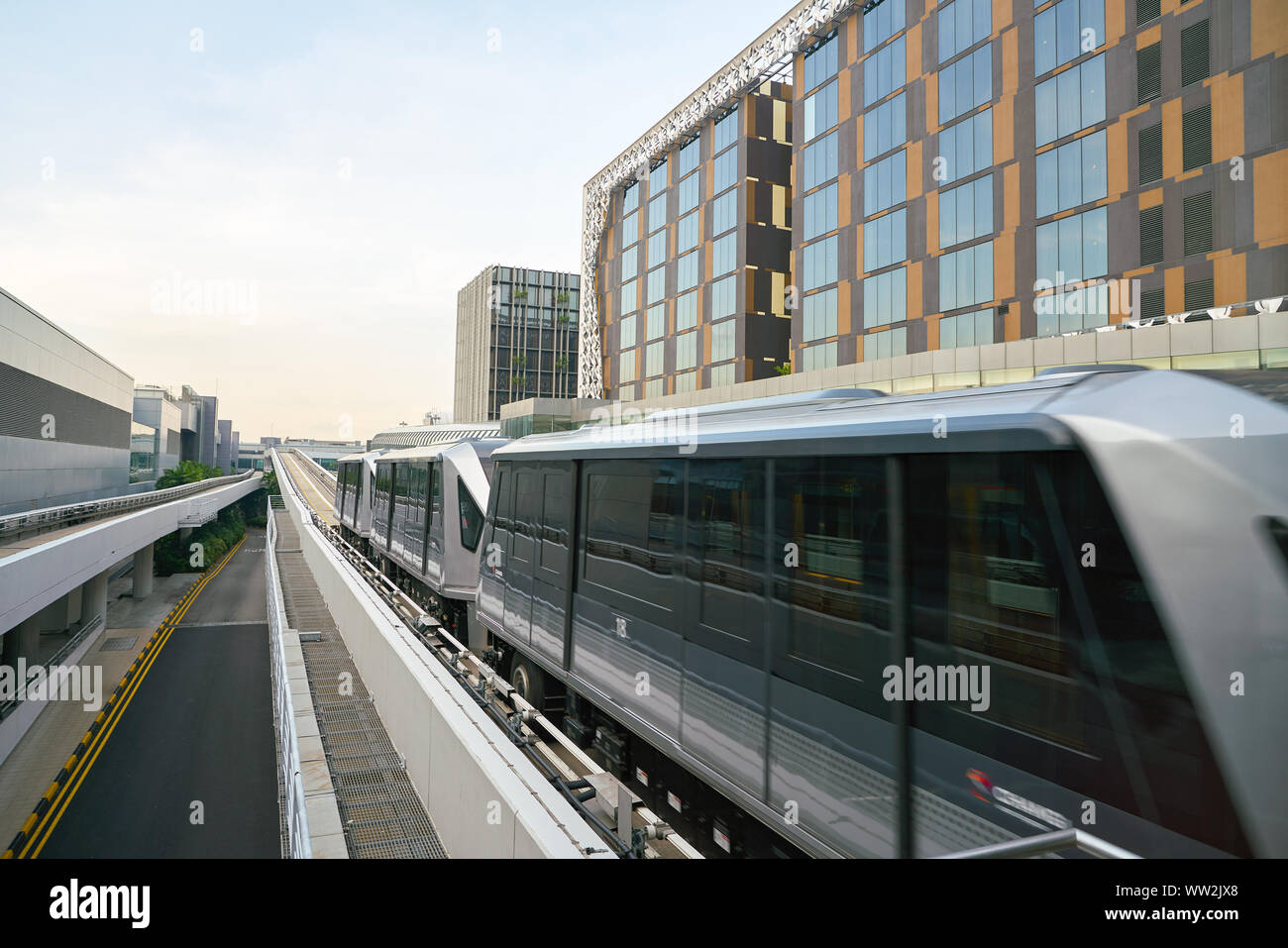 SINGAPORE - CIRCA APRIL, 2019: Skytrain at Singapore Airport. The ...