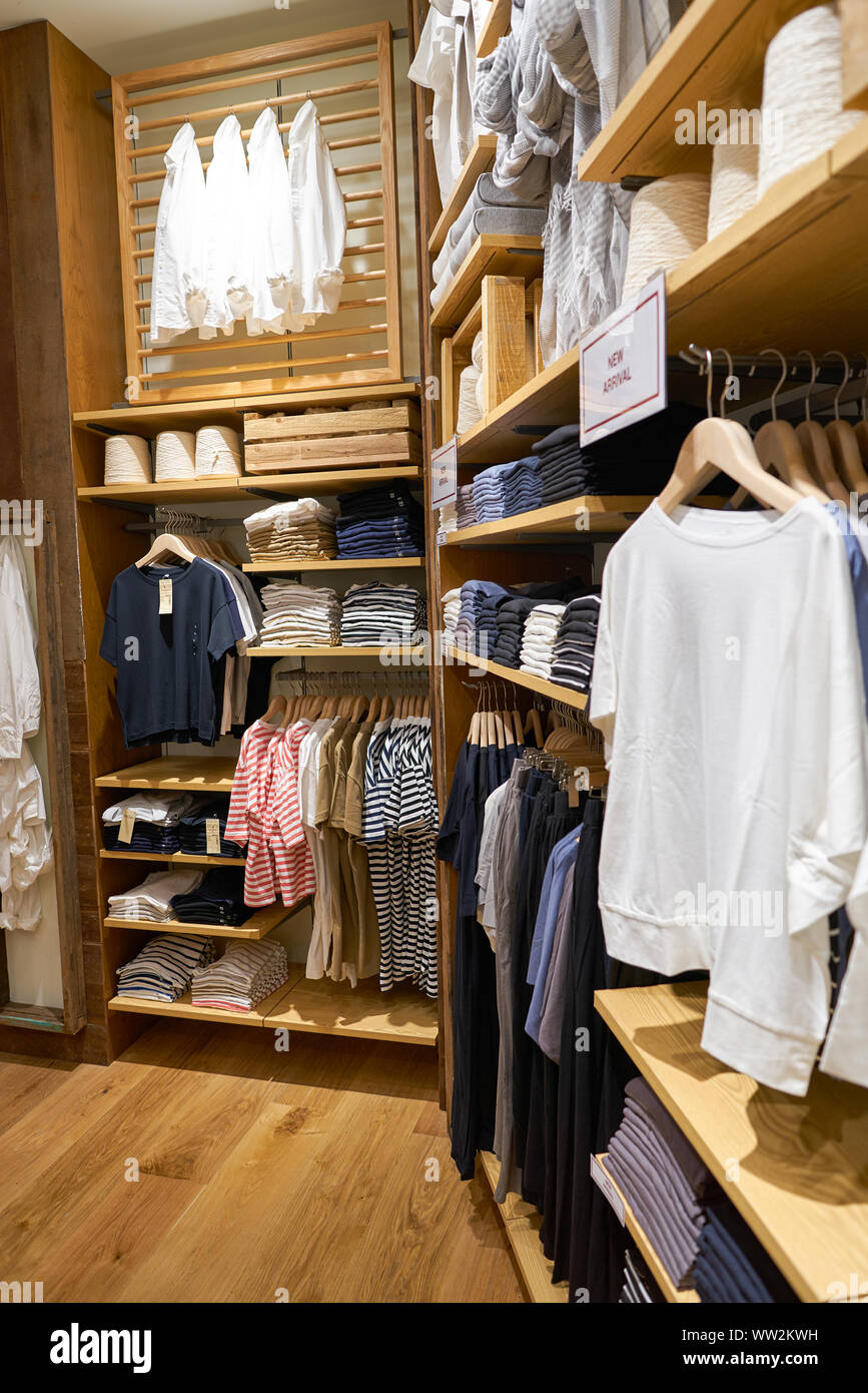 SINGAPORE - CIRCA APRIL, 2019: clothes on display at Muji store in ...