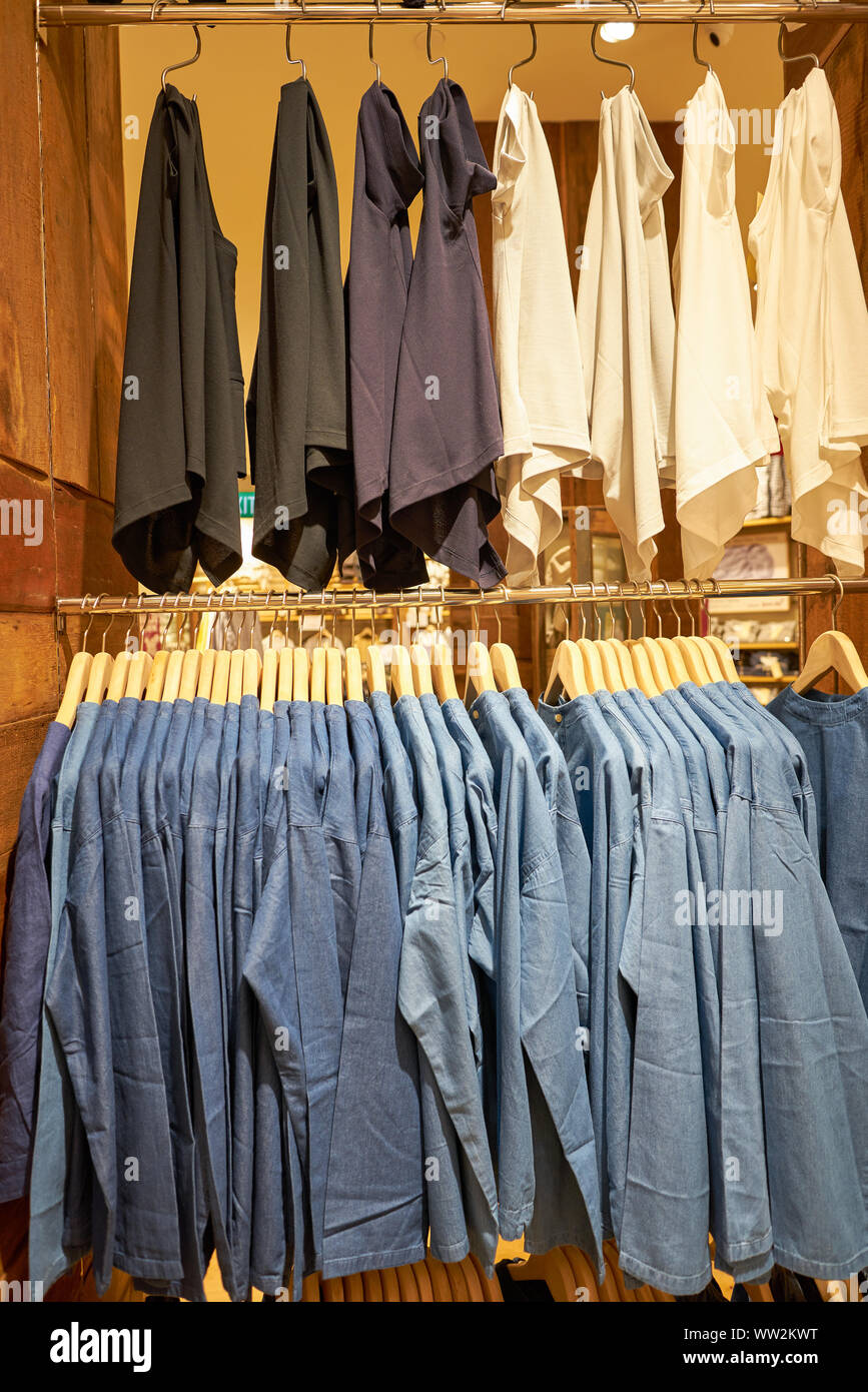 SINGAPORE - CIRCA APRIL, 2019: clothes on display at Muji store in ...
