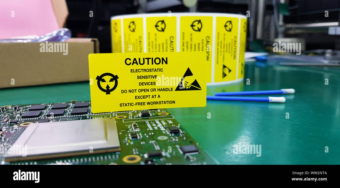 The yellow CAUTION label for Electrostatic Sensitive Devices (ESD) on ...