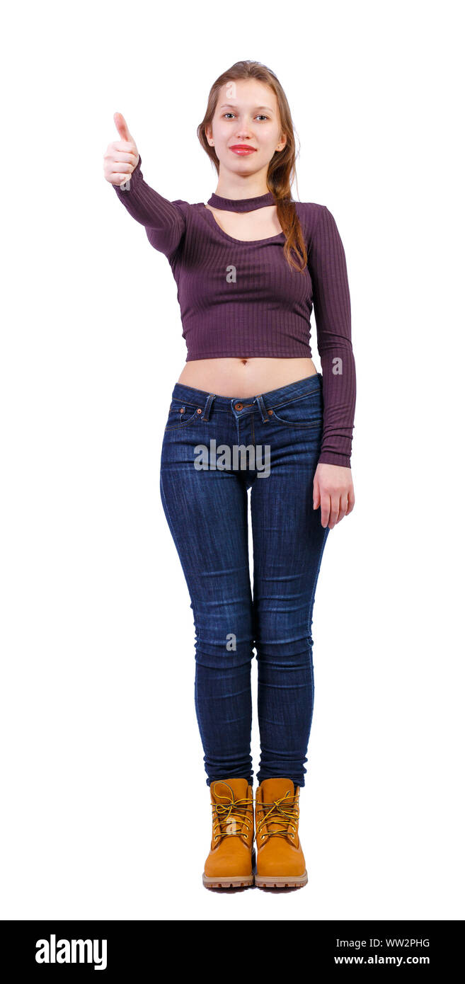 Front view of a woman showing thumb up. people collection. Front view ...