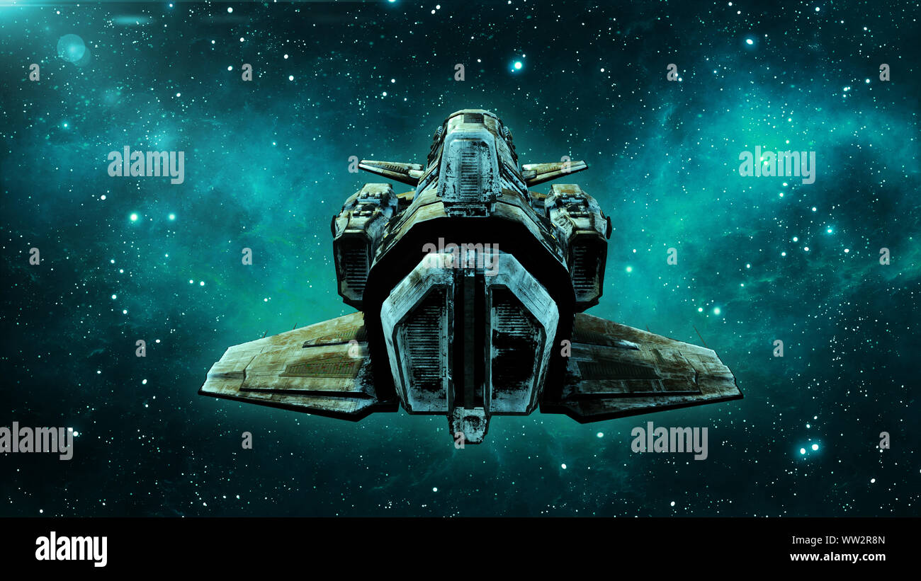 Old alien spaceship in deep space, dirty spacecraft flying in the ...