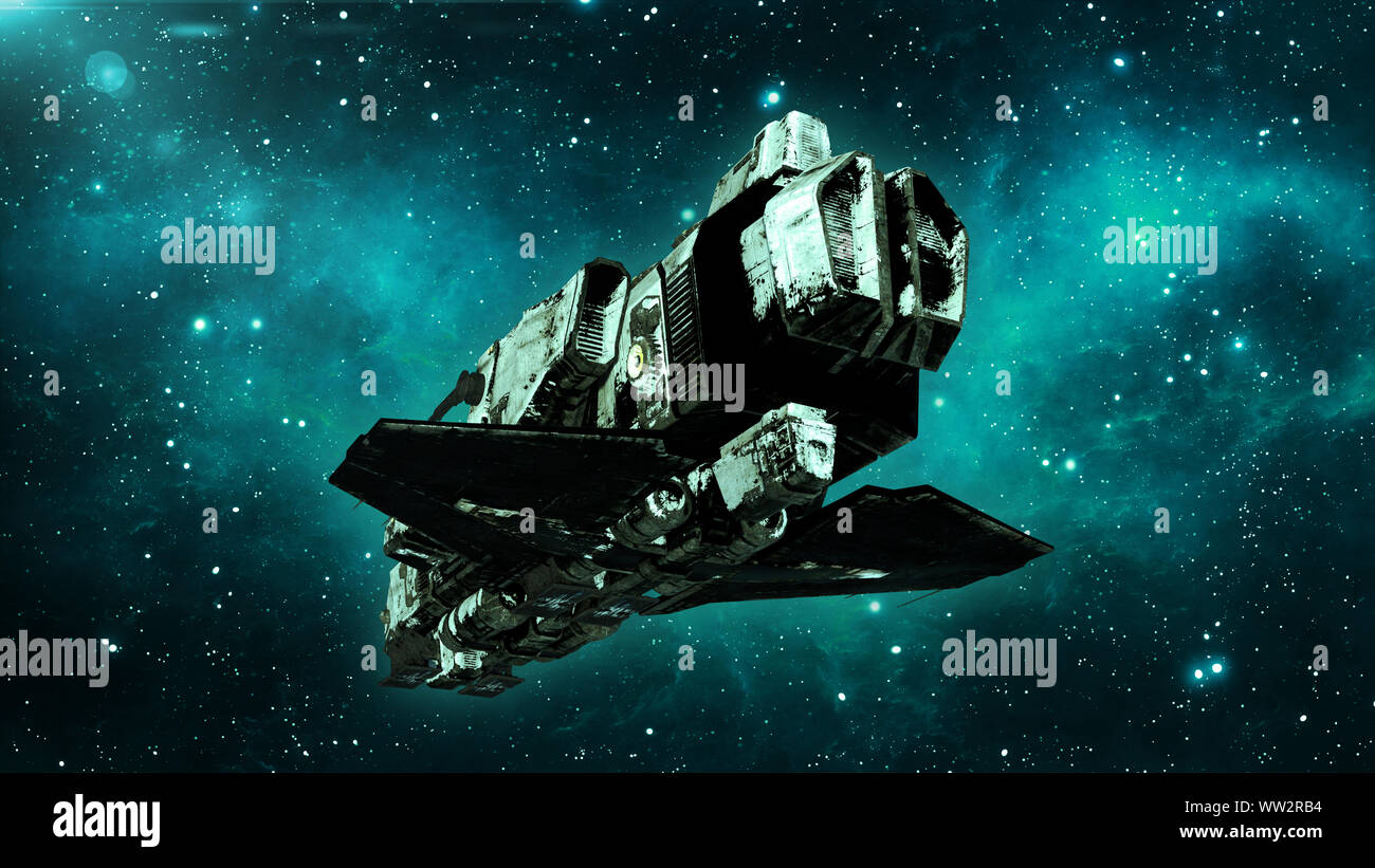 Old alien spaceship in deep space, dirty spacecraft flying in the ...