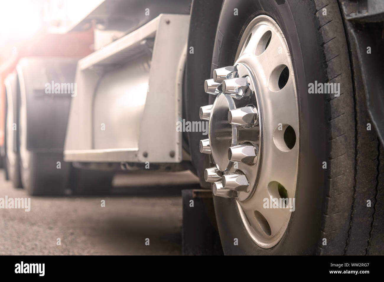 Truck driving on road. truck wheel closeup, transportation, Motion blur ...