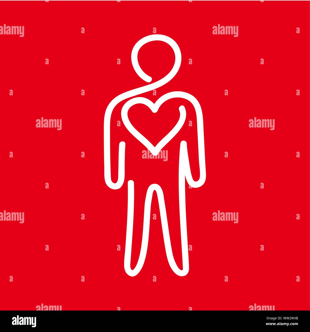 Vector illustration of a man with a big heart on a red background, hand ...
