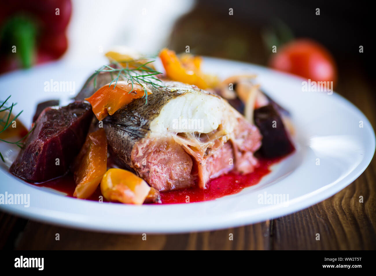 fish stew with beets and other vegetables in a plate Stock Photo - Alamy