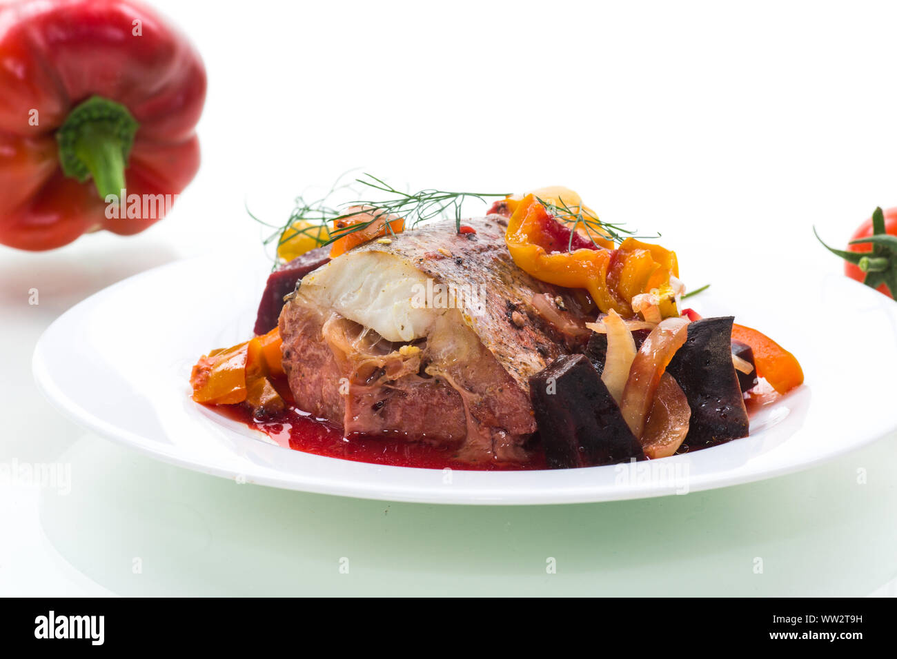 fish stew with beets and other vegetables in a plate Stock Photo - Alamy