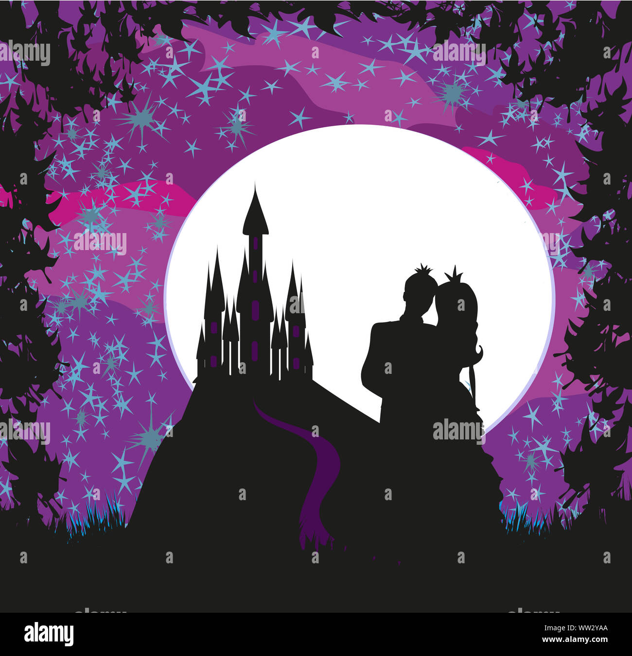 Magic castle and princess with prince Stock Photo - Alamy