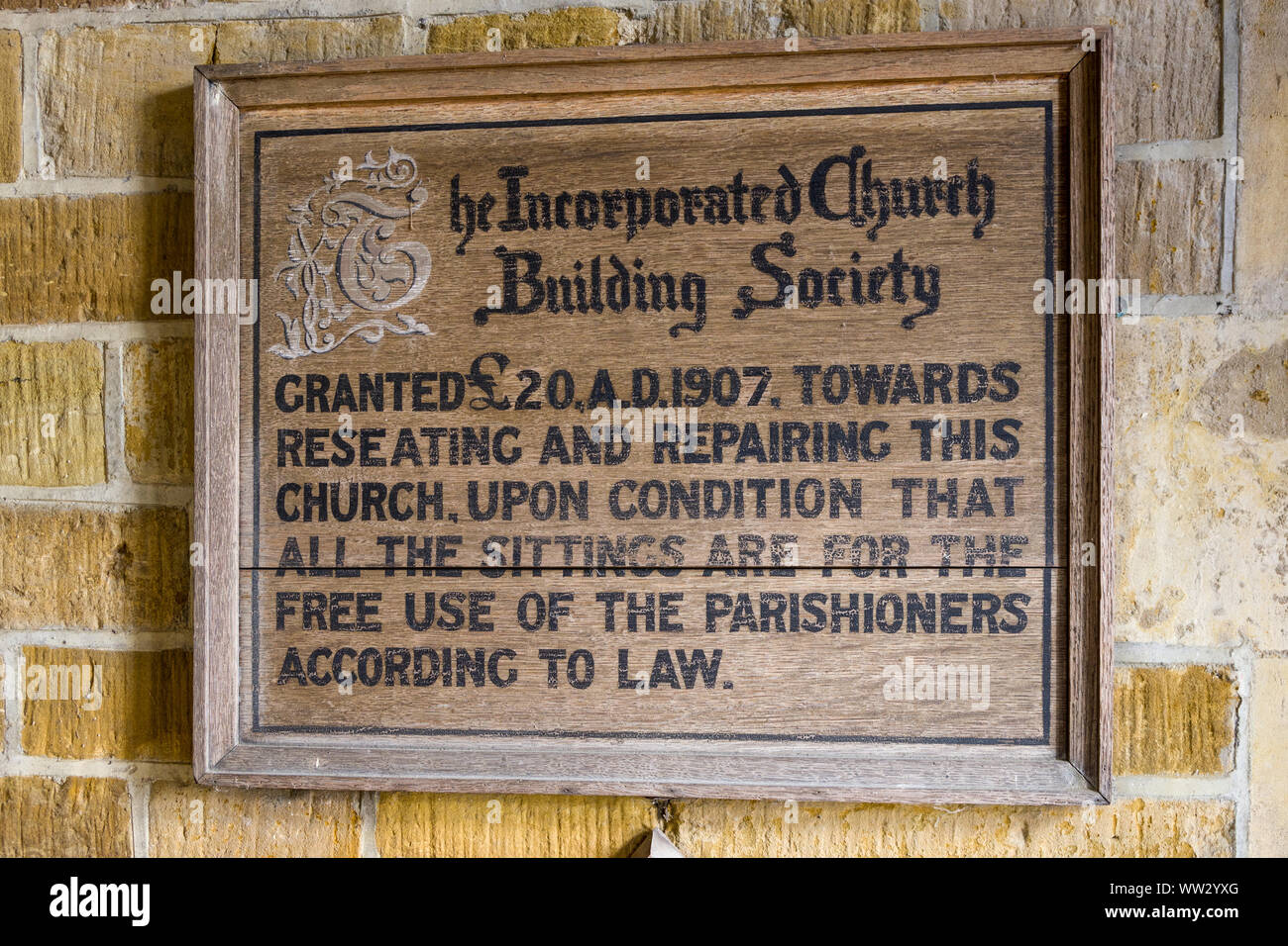 Old wooden sign noting a donation by the Incorporated Church Building ...