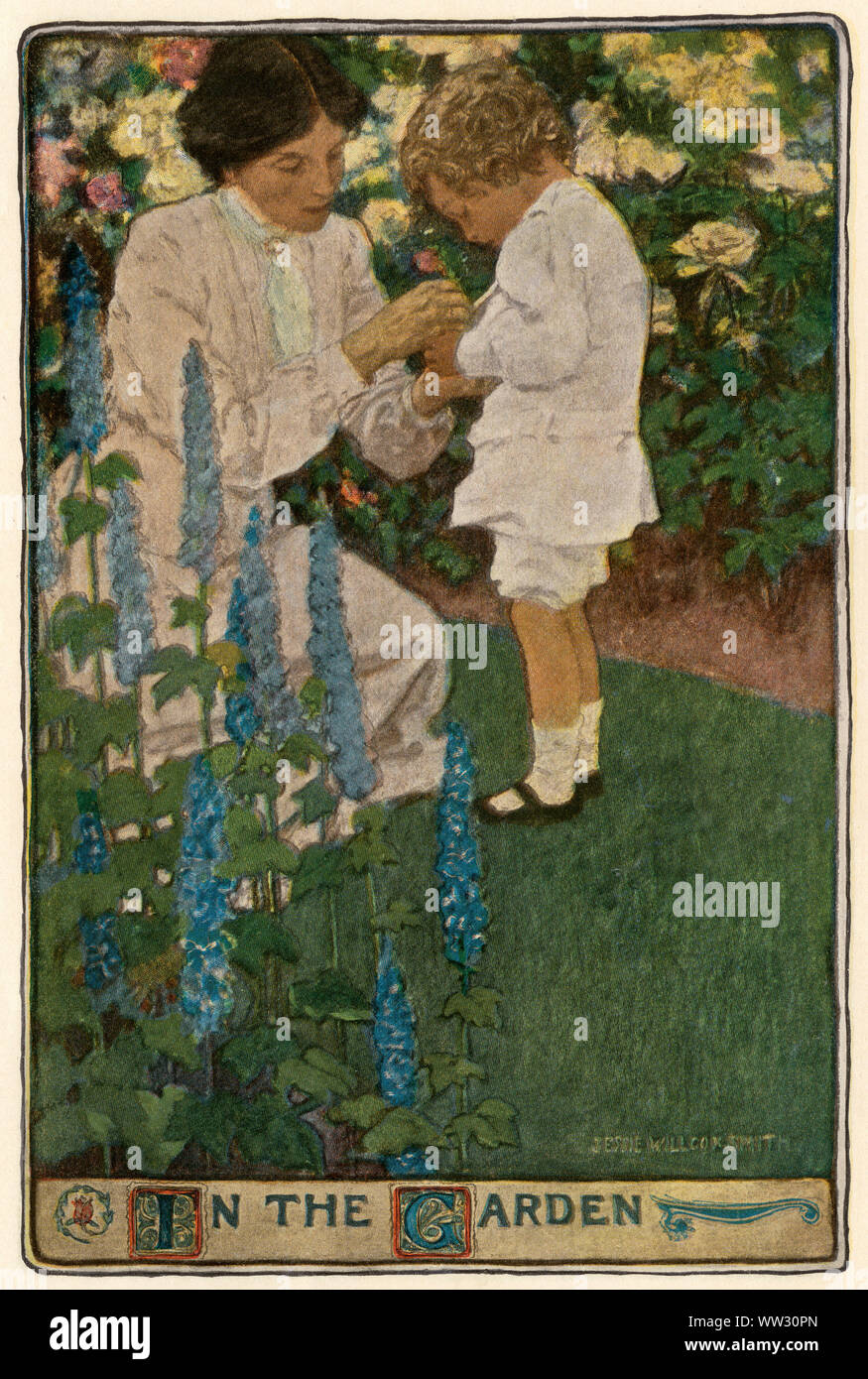 Mother picking flowers with her son, c. 1900. Color halftone of a ...