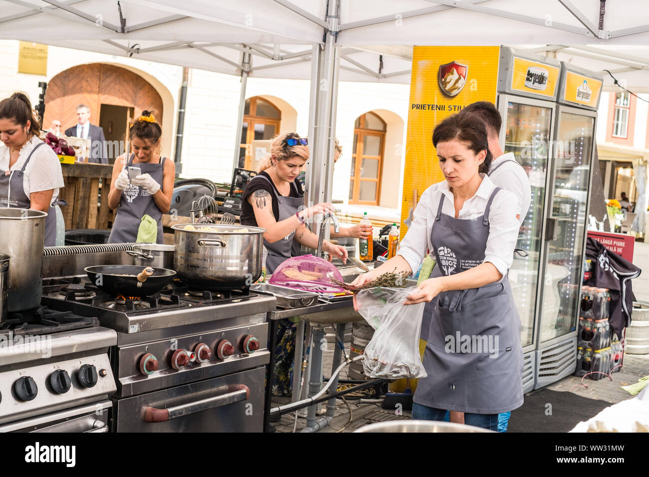 Sibiu, Romania - September 07, 2019. chefs preparing various dishes ...