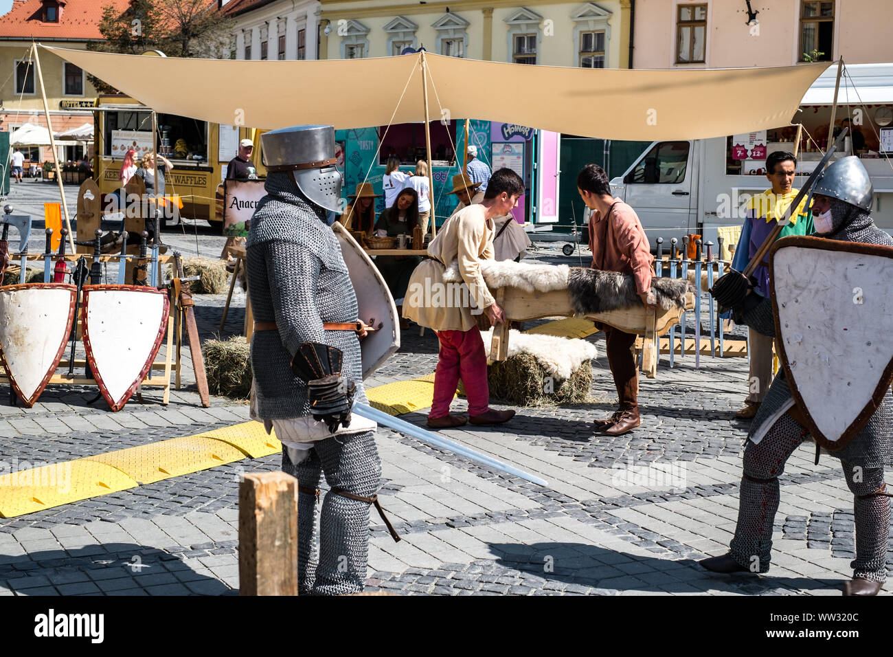 Sibiu City, Romania - 24 August 2019. The view of the sword fight full ...