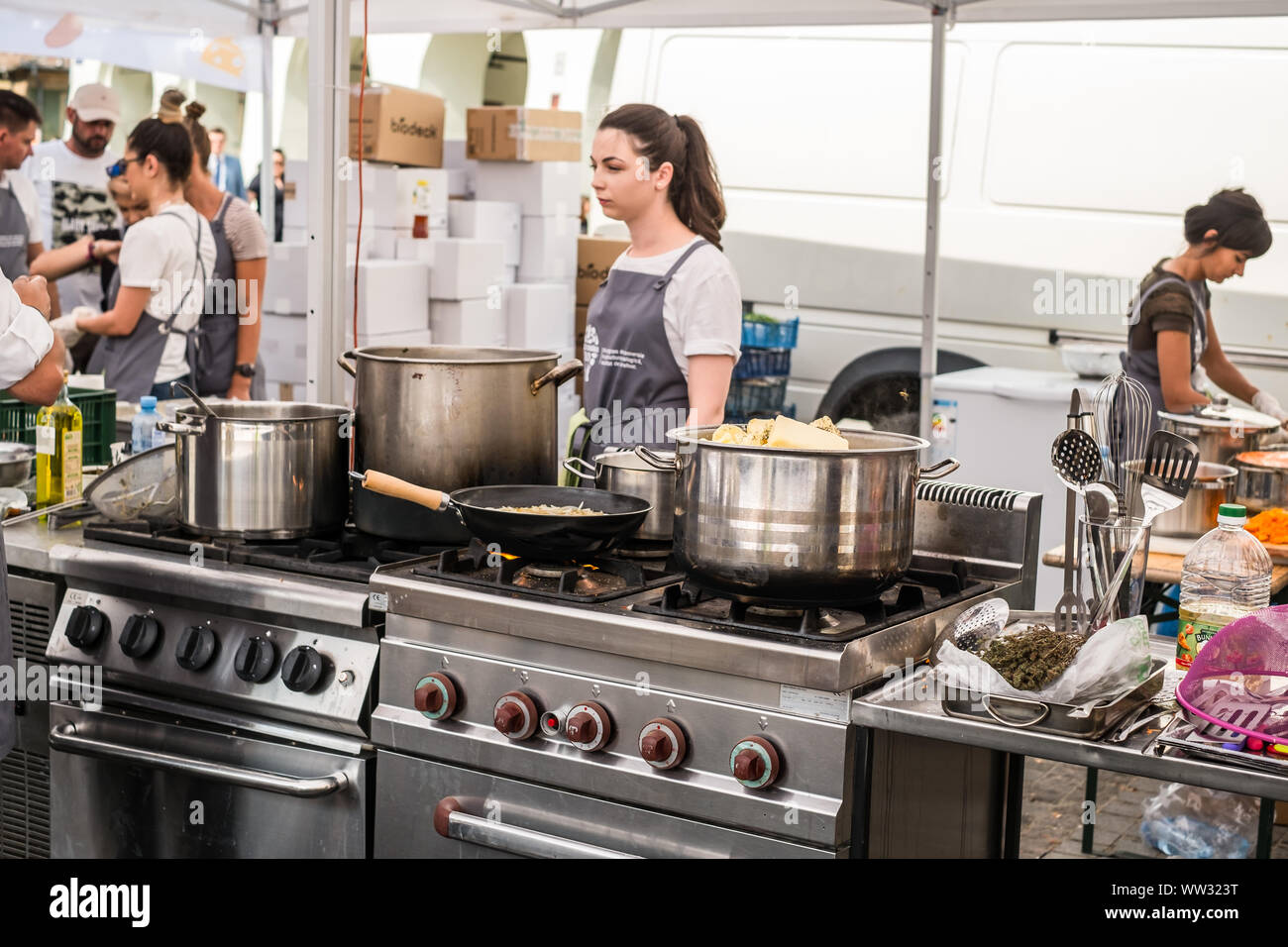 Sibiu, Romania - September 07, 2019. chefs preparing various dishes ...