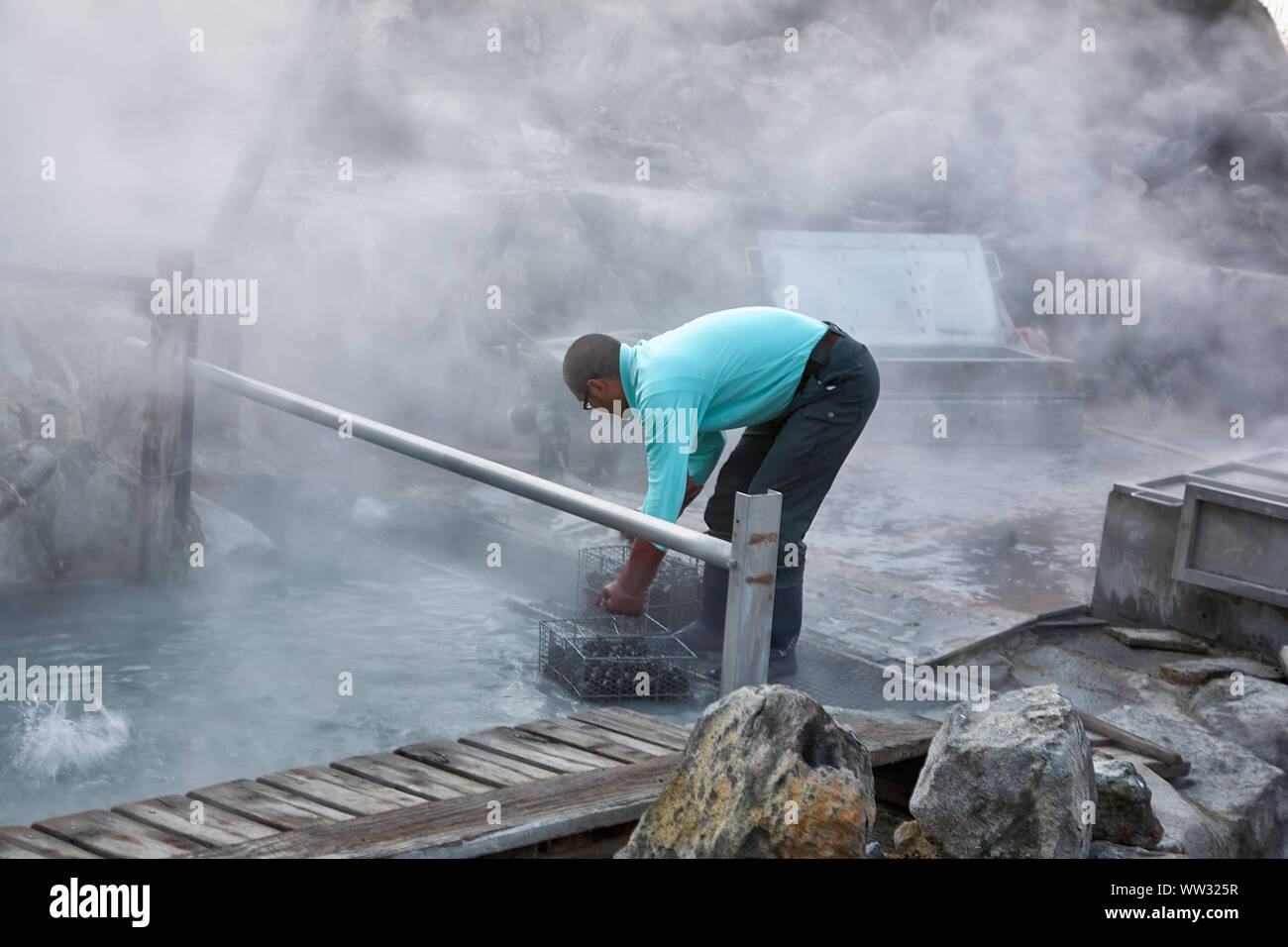 HAKONE, JAPAN - DECEMBER 01, 2007: Boiling of black eggs (Kuro tamago ...