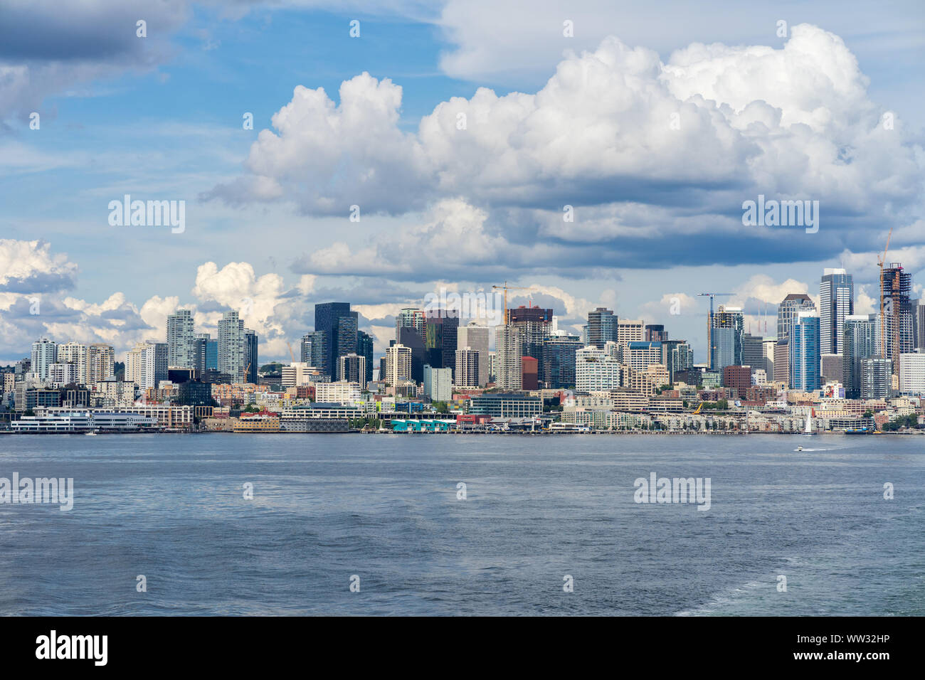 Seattle waterfront and Elliott Bay from ferry ride to Bainbridge Stock ...