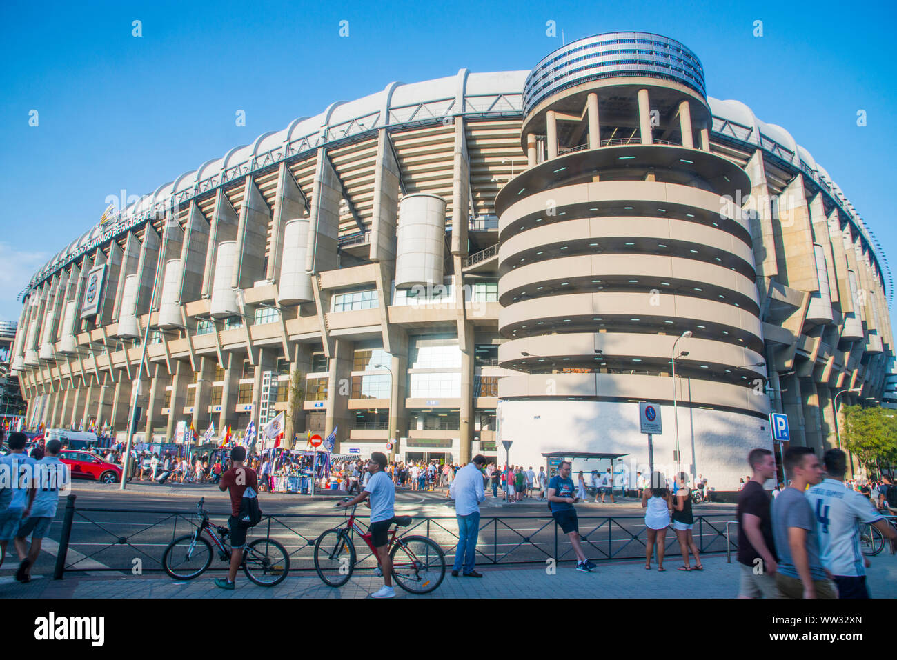 Facade of Santiago Bernabeu stadium before a football match. Madrid ...