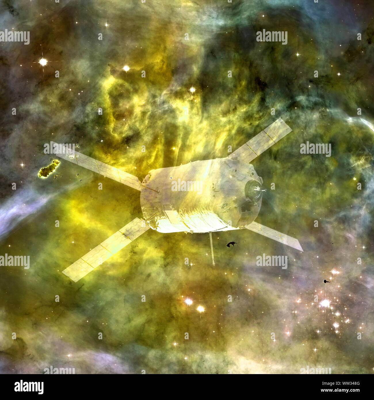 Space shuttle. Infinite space background with nebulas and stars ...