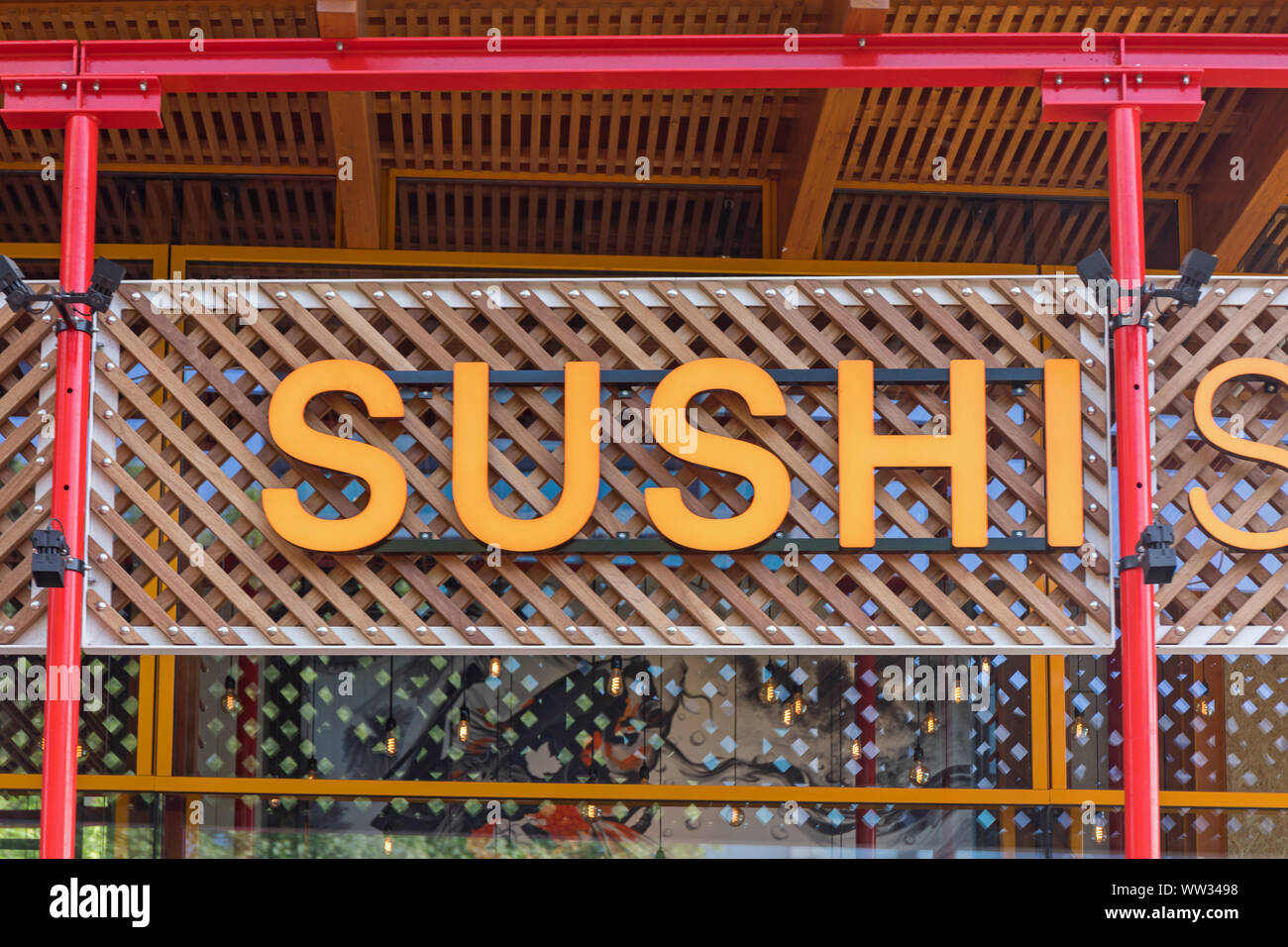Big Yellow Sushi Sign at Asian Restaurant Stock Photo - Alamy
