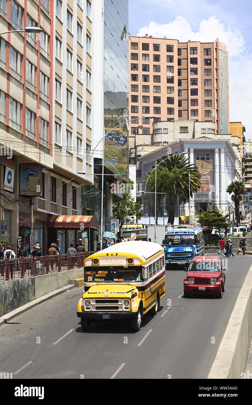 LA PAZ, BOLIVIA - NOVEMBER 28, 2014: Old Chevrolet buses used for ...