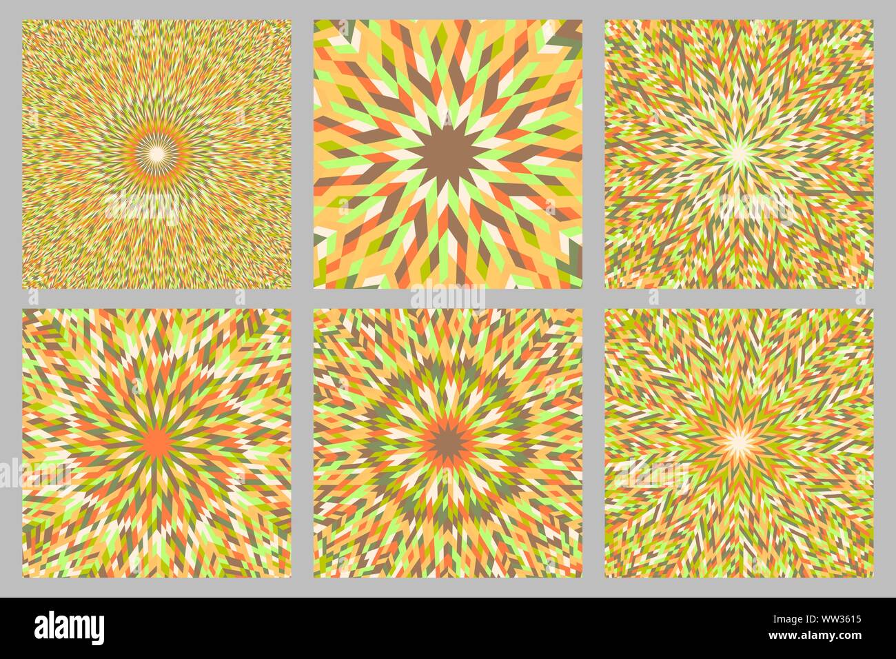 Dynamic burst mosaic pattern background design set - abstract psychedelic hypnotic circular ...