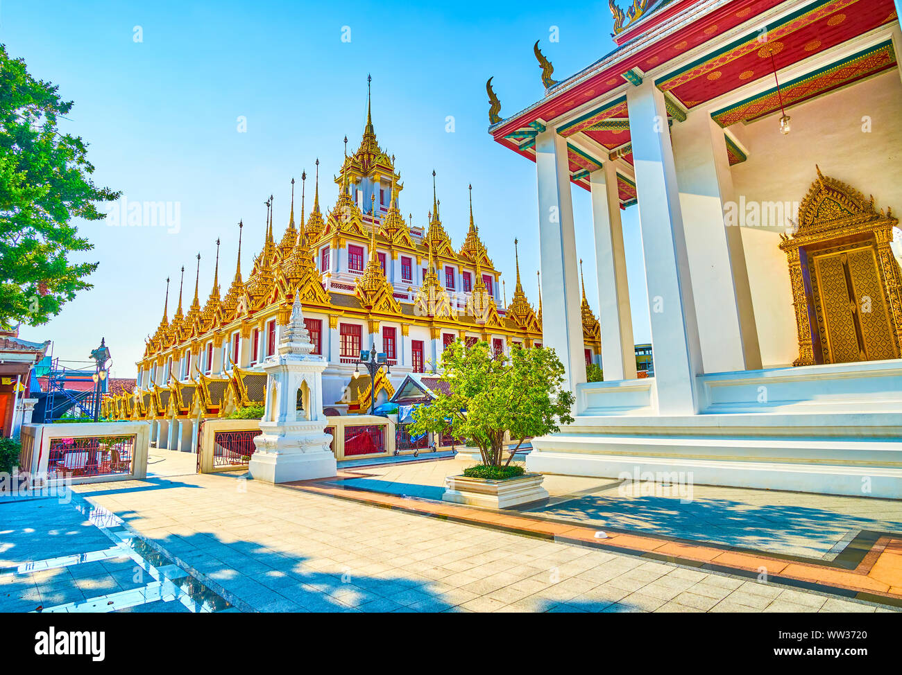 The unique Loha Prasat temple with numerous golden spires located on ...