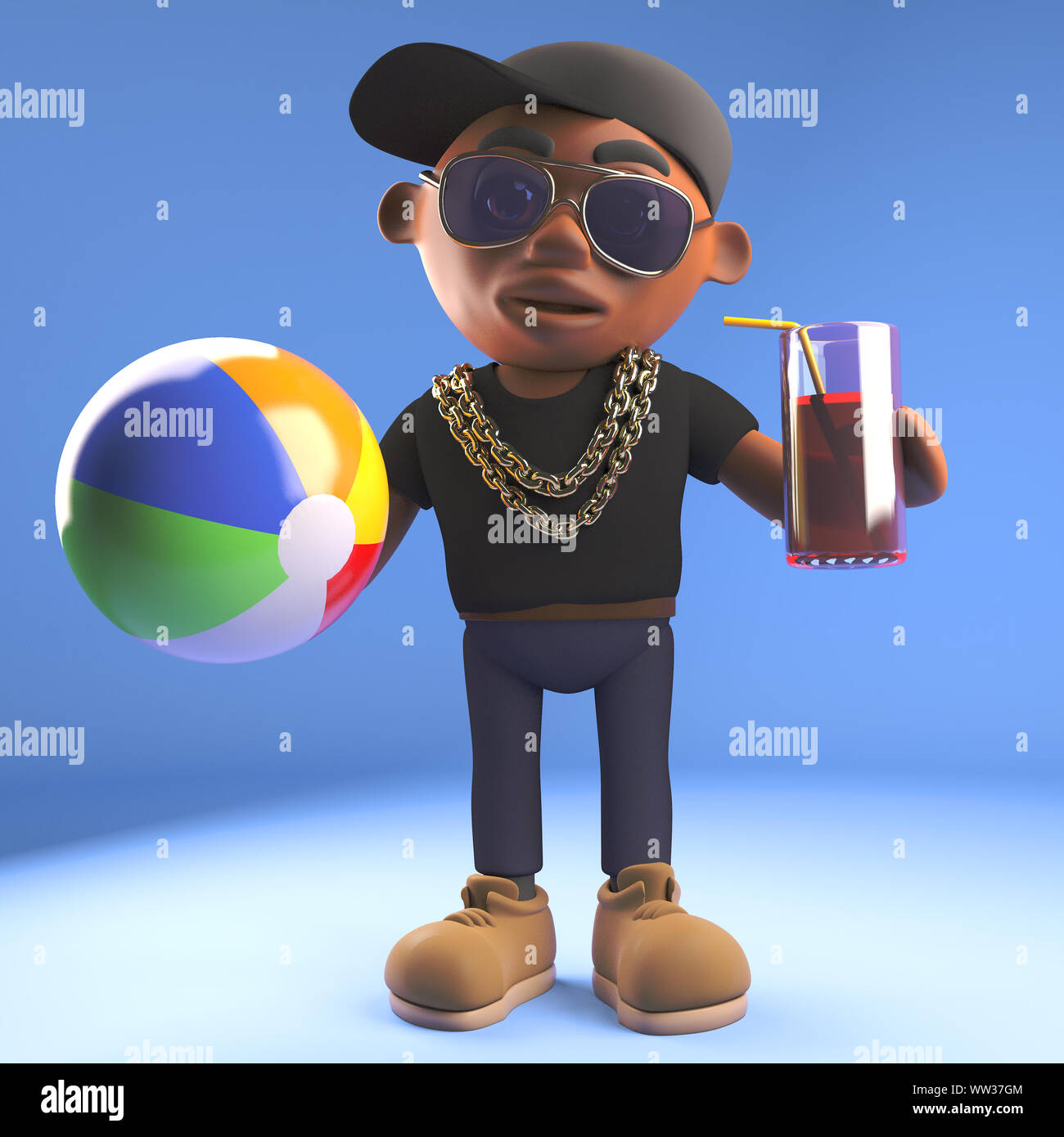 Cool black hiphop rap artist drinking a cold drink and holding a beach ...