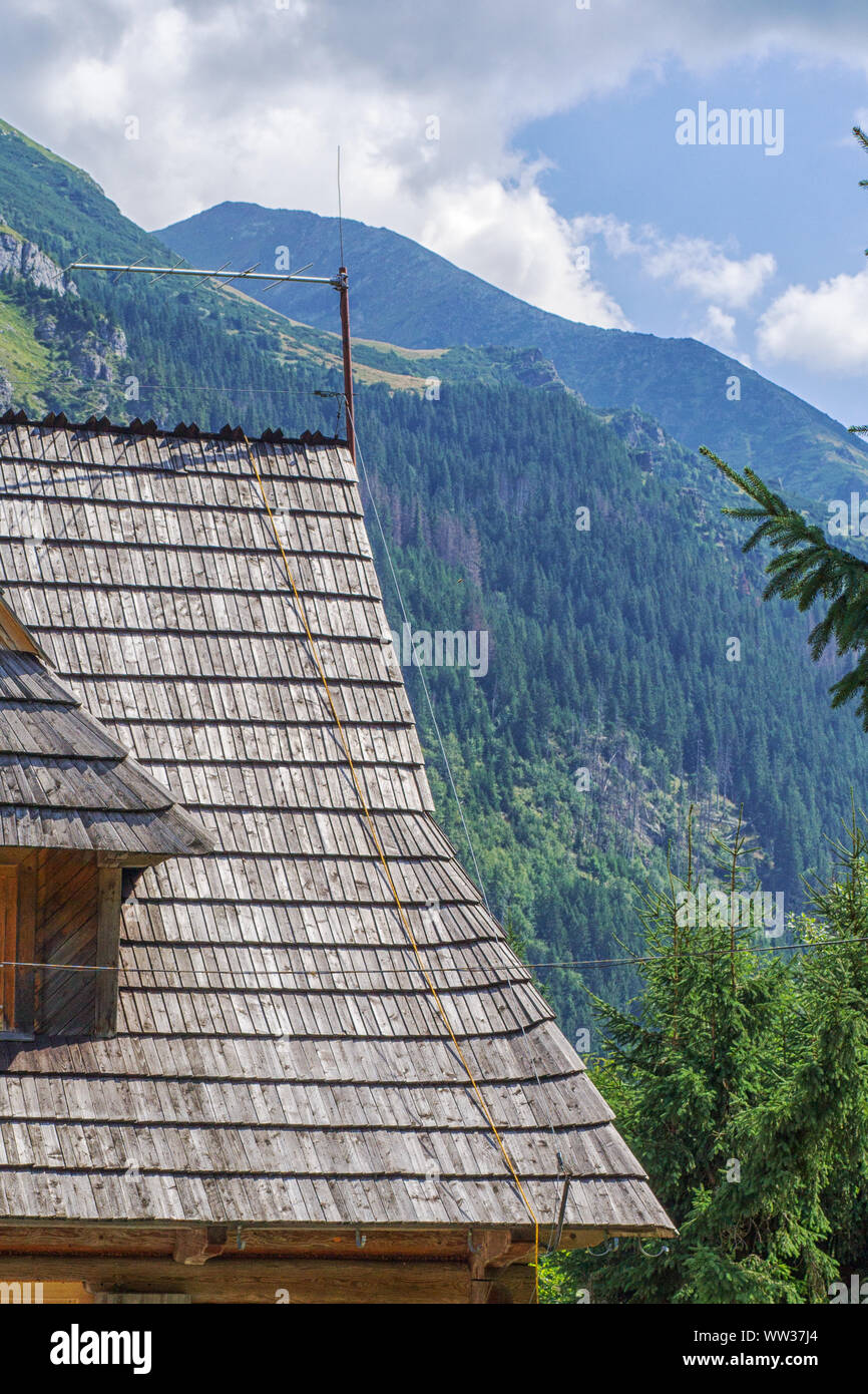 The scrap roof is covered with wooden planks. Typical roof in the ...