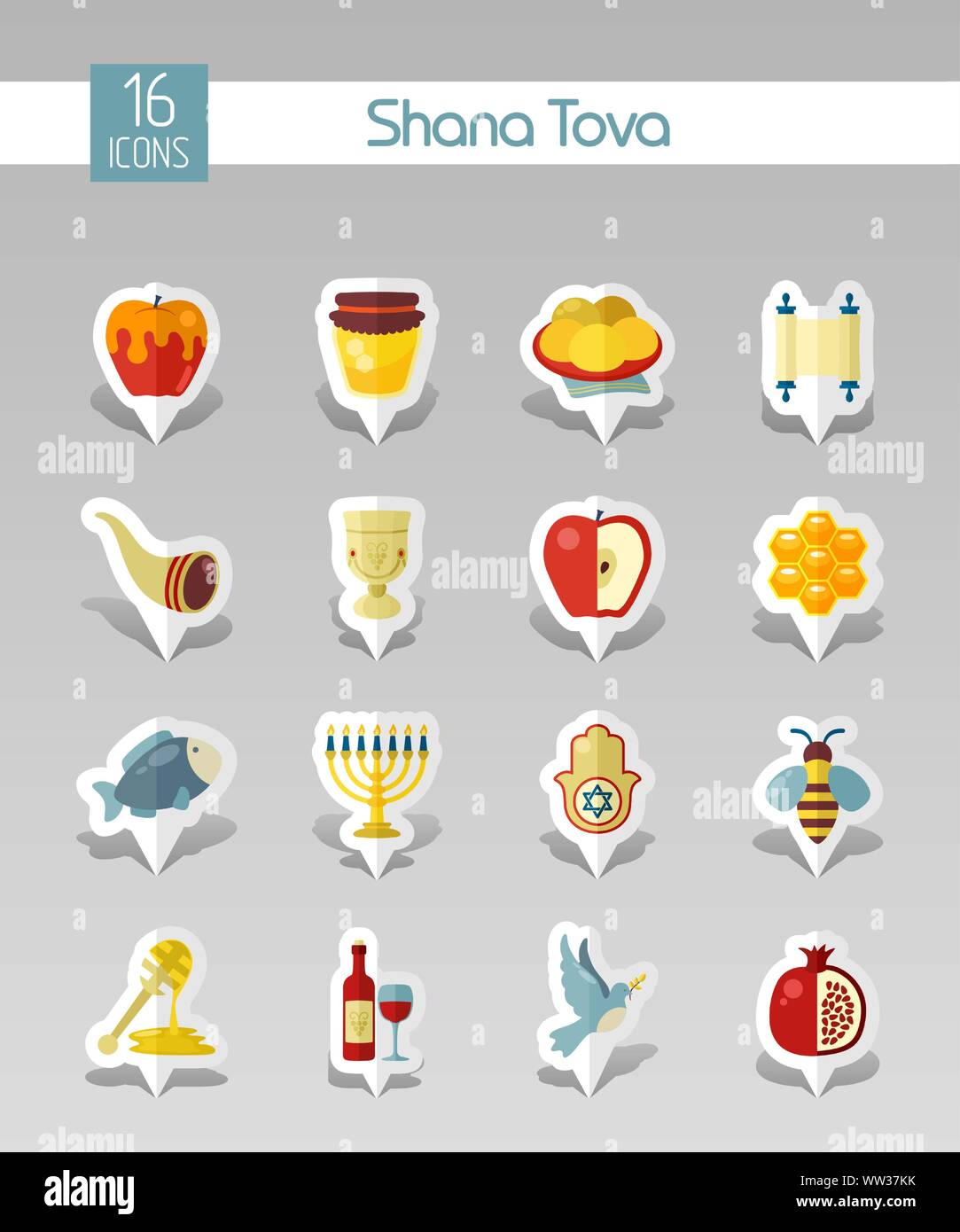 Rosh Hashanah, Shana Tova or Jewish New year vector pin map icons set ...
