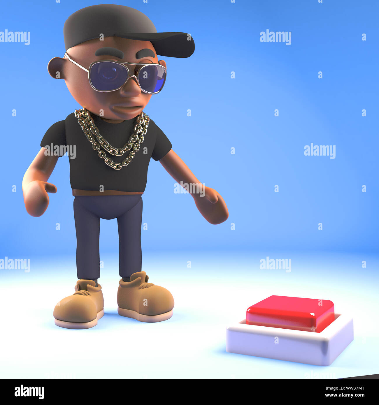Cool black hiphop rapper in baseball cap looks at button on floor, 3d ...