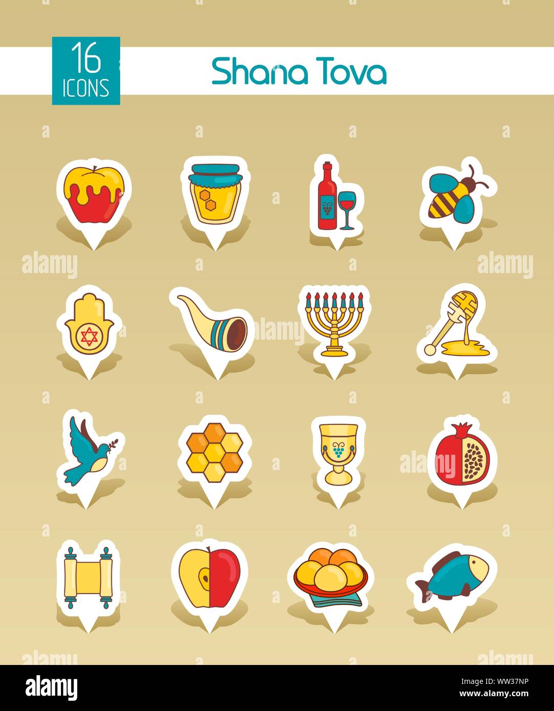 Rosh Hashanah, Shana Tova or Jewish New year vector pin map icons set ...