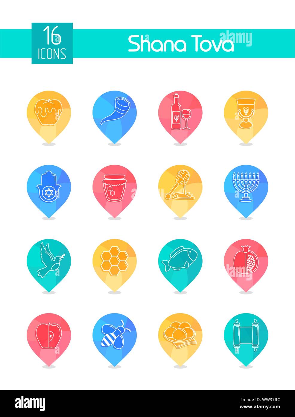 Rosh Hashanah, Shana Tova or Jewish New year vector pin map icons set ...