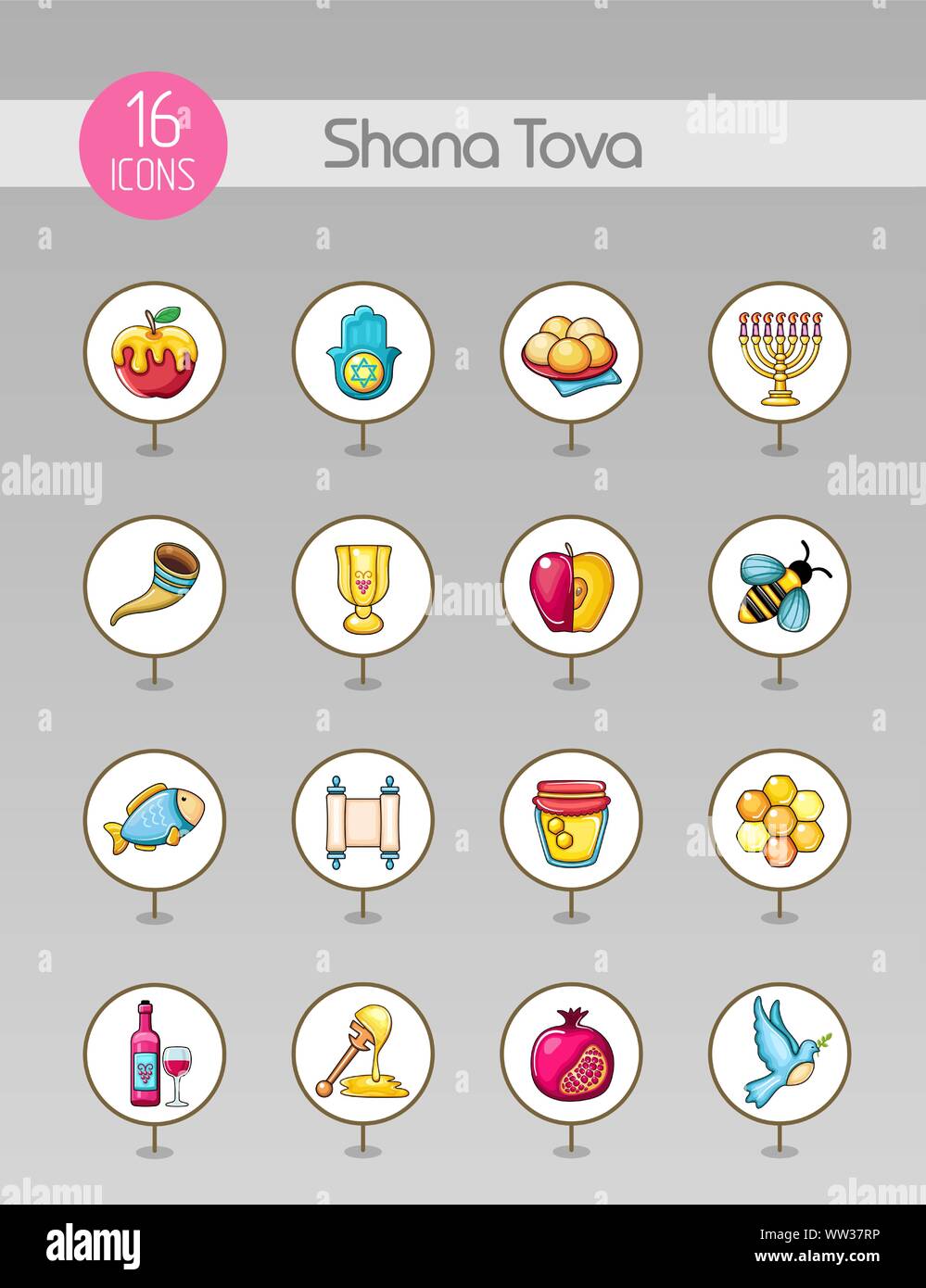 Rosh Hashanah, Shana Tova or Jewish New year vector pin map icons set ...