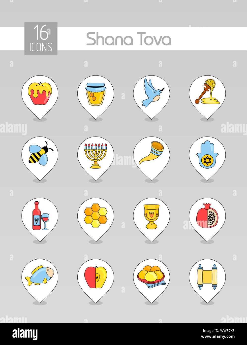 Rosh Hashanah, Shana Tova or Jewish New year vector pin map icons set ...