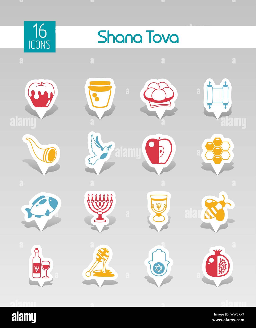 Rosh Hashanah, Shana Tova or Jewish New year vector pin map icons set ...