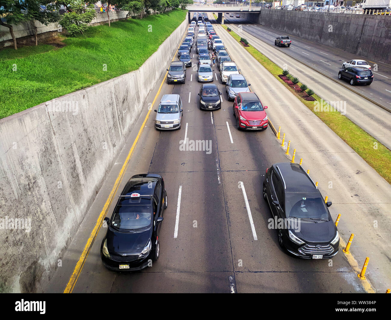 Traffic at the main highways Via expresa and Javier Prado at the ...