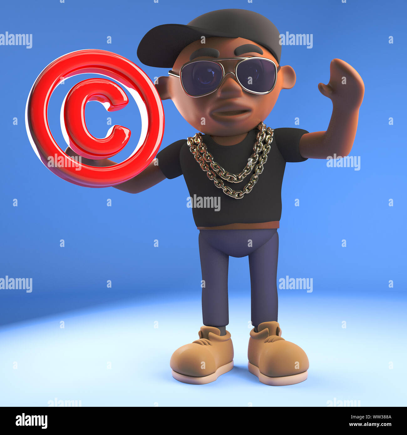 Cartoon black hiphop rapper holding a copyright symbol, 3d illustration ...