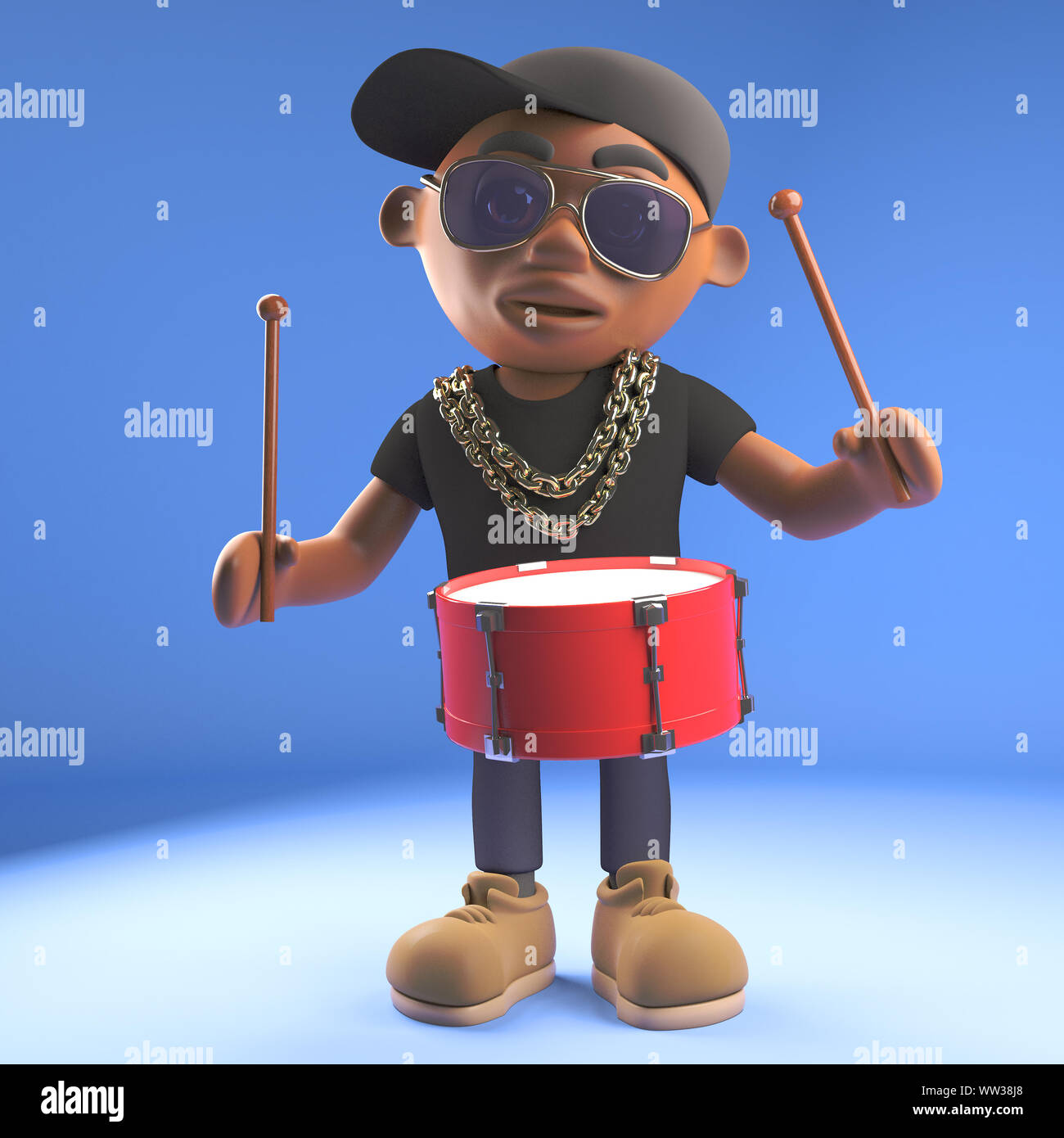 Cartoon black rap artist playing the drums, 3d illustration render ...