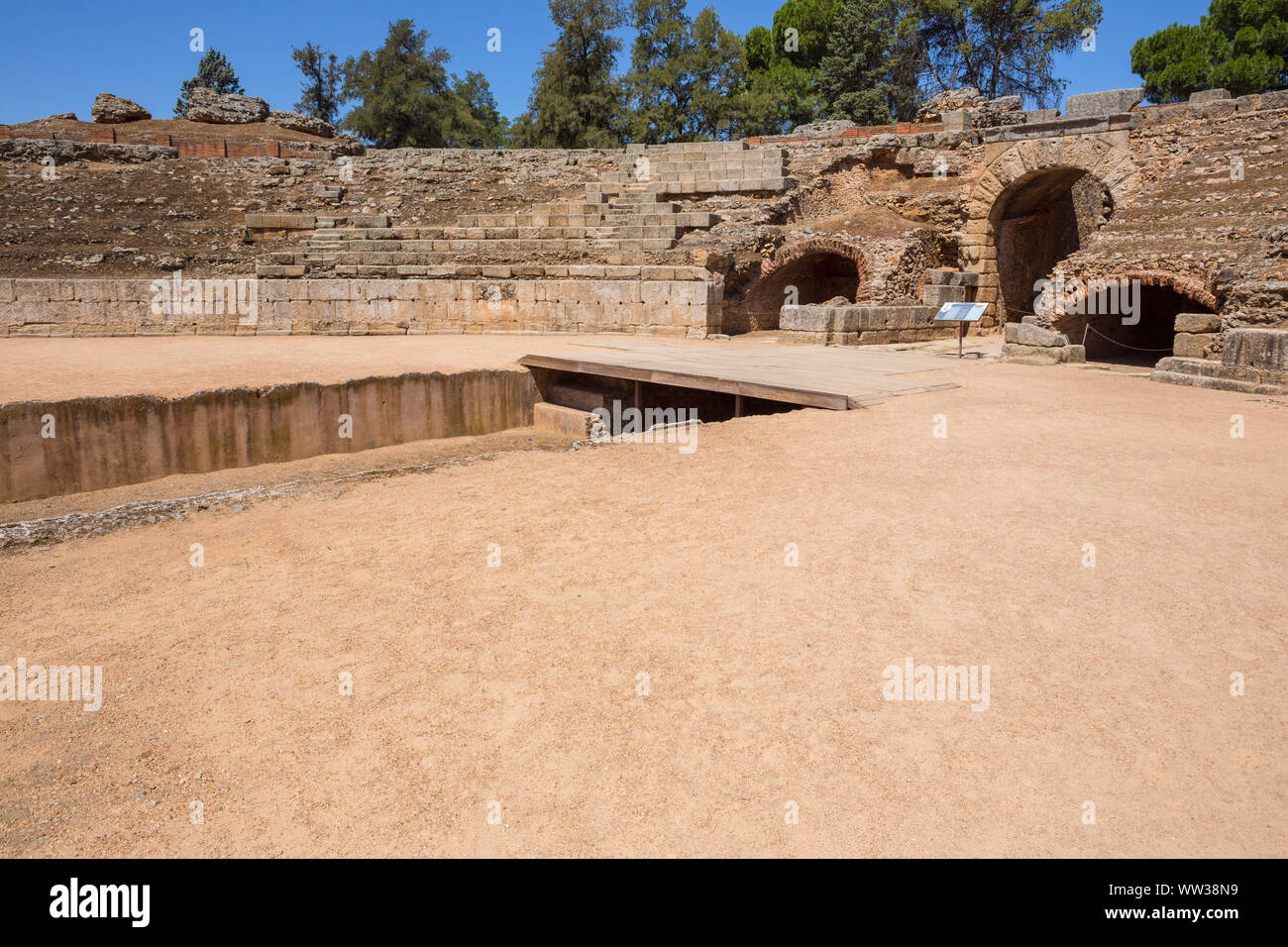 Roman Amphitheater, at the huge archaeological site of Merida. Founded ...