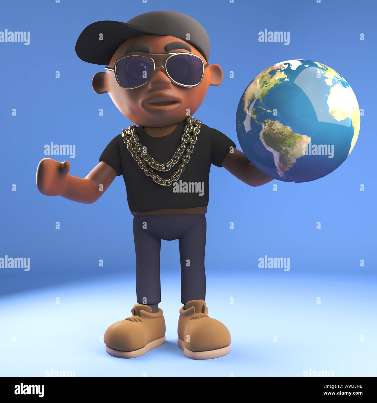 Navigationally minded black hiphop rapper holding a globe of the Earth ...