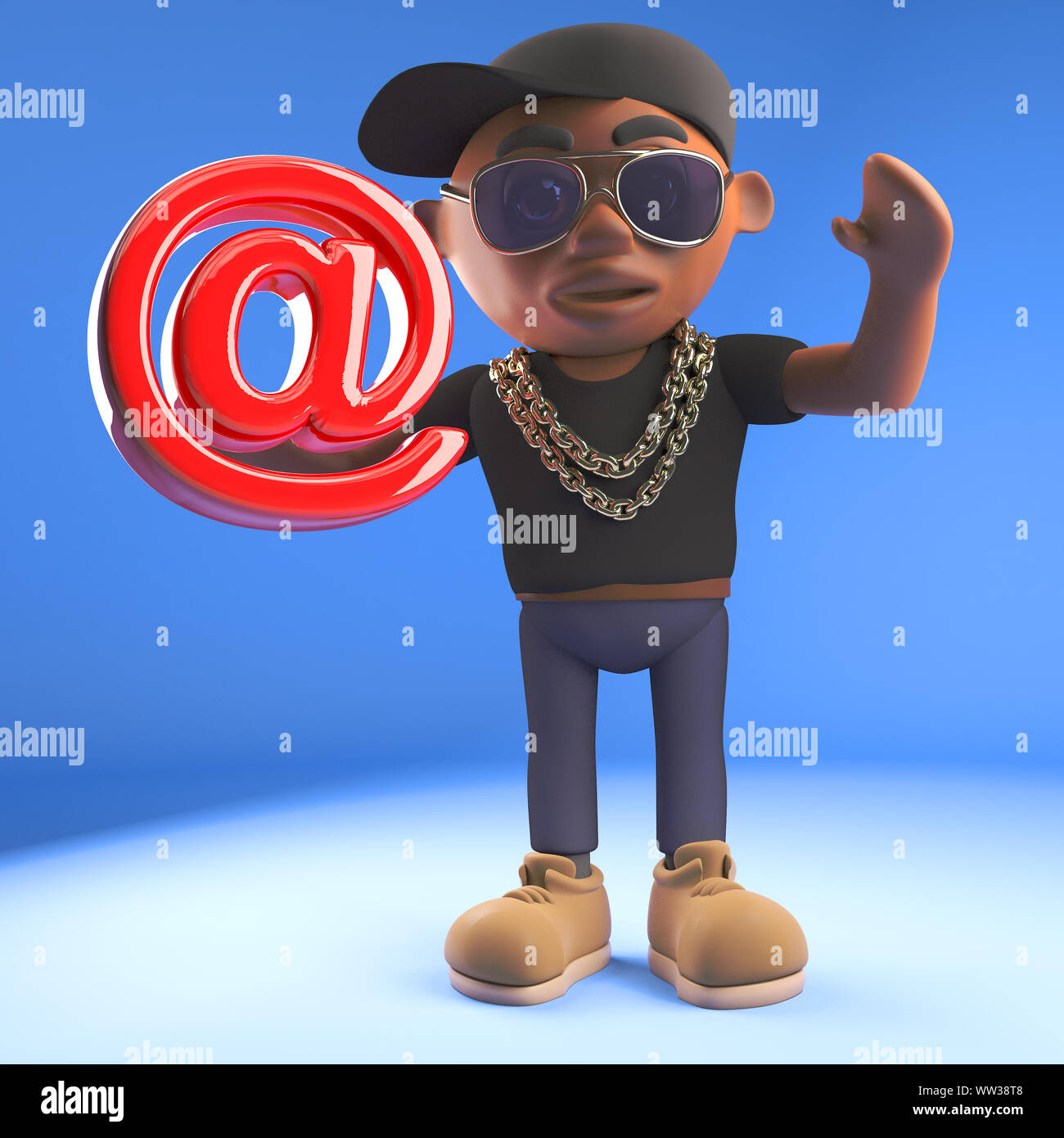 Cool black hiphop rapper in baseball cap holding email symbol, 3d ...
