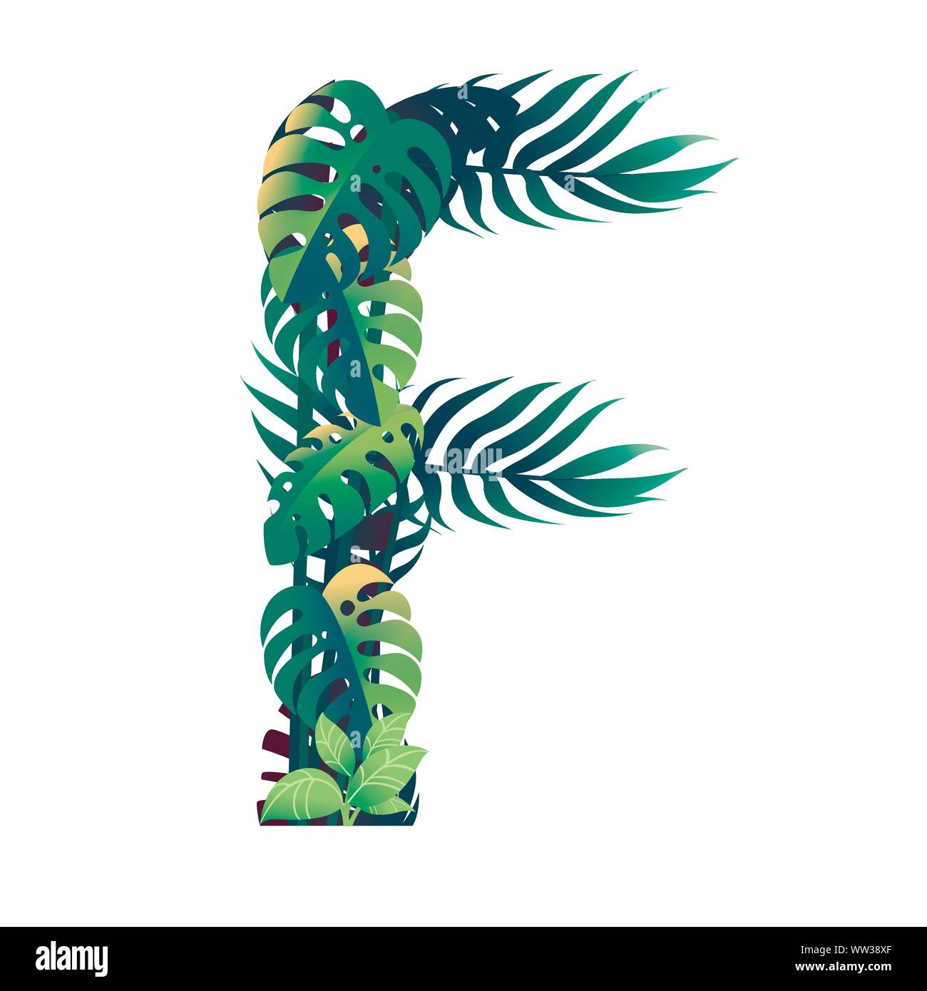 Leaf letter F with diffirent types of green leaves and foliage flat ...