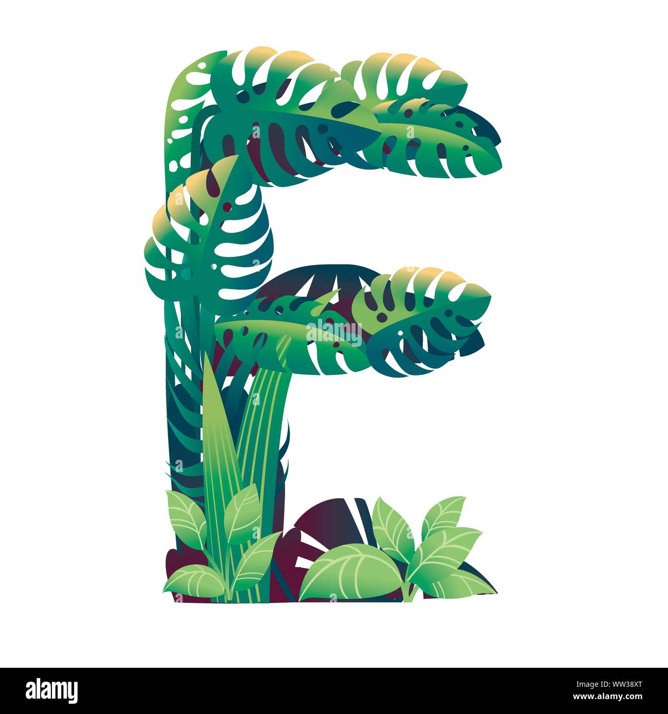 Leaf letter E with diffirent types of green leaves and foliage flat ...