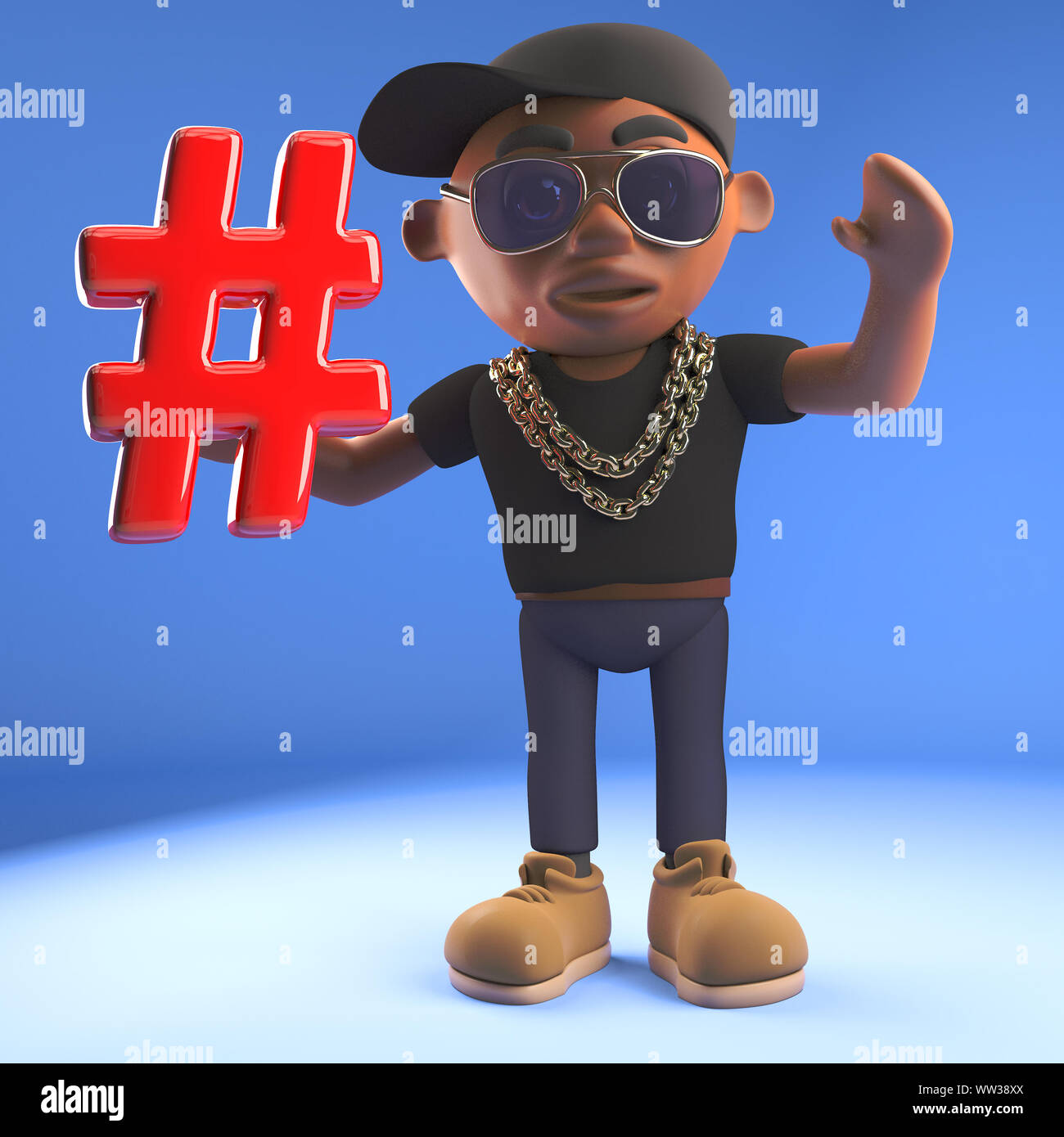 Cartoon black hiphop rapper in baseball cap holding hash tag symbol, 3d ...