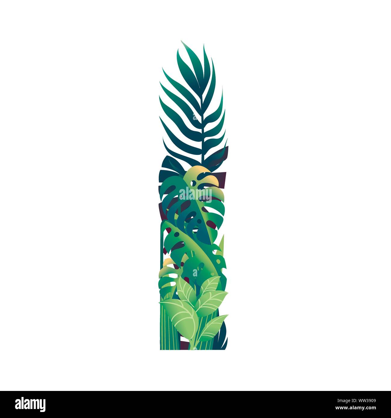 Leaf letter I with diffirent types of green leaves and foliage flat ...